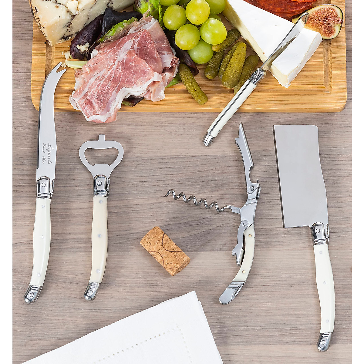 French Home Laguiole Serving Utensils Set of 5 – Kit w/Cleaver, Fork Tipped Spear, Spreader & Barware – Cheese Serving Utensils w/Faux Ivory Handles for Parties
