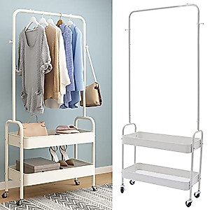 2-Tiers Clothes Rack Freestanding Clothing Garment Rack with Metal Basket Rolling Storage Clothes Shelves Portable Organizer Coat Rack for Entryway Home Bedroom Laundry Small Place (White)