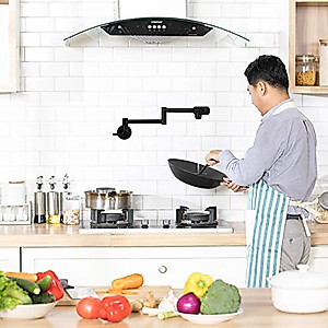 KWODE Matte Black Pot Filler Faucet Wall Mount Commercial Kitchen Sink Faucet Double Joints Folding Stretchable Swing Arm with Single Hole 2 Handles Brass