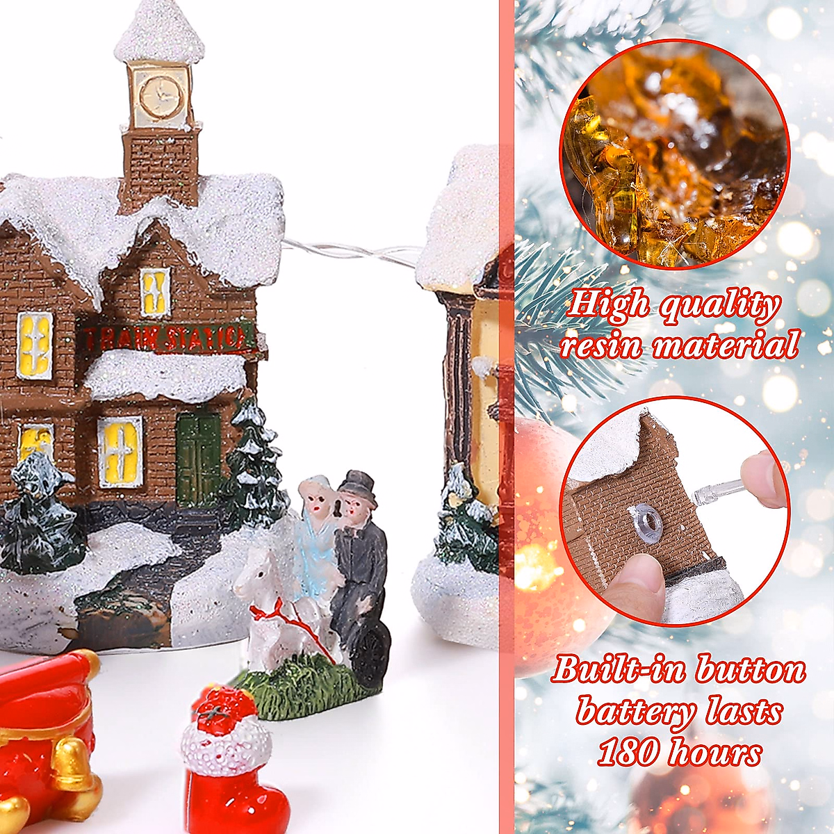 Yerliker 19 Pcs Christmas Village Sets LED Lights Christmas Village Houses with Figurines Battery Operated Christmas Village House Set for Collection Christmas Garden Table Home Indoor Room Decor