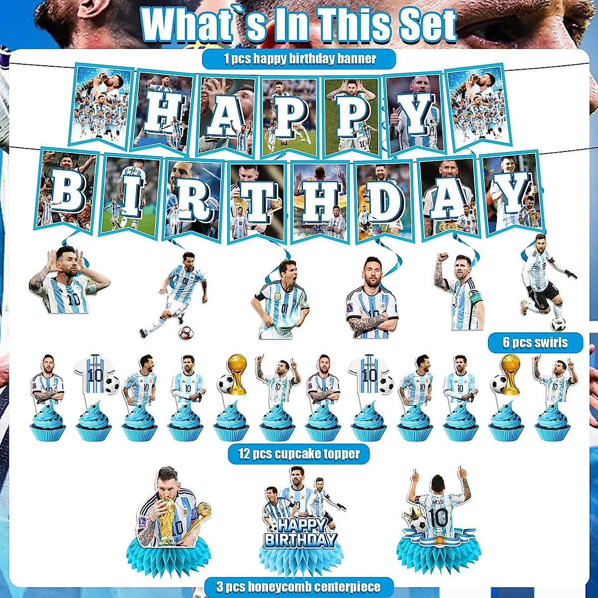 Soccer Birthday Decorations, Soccer Birthday Party Decorations Include 12 Cupcake Topper, 2 Banner, 3 Centerpieces, and 6 Hanging Swirls, Soccer Themed Birthday Party Supplies for Kids