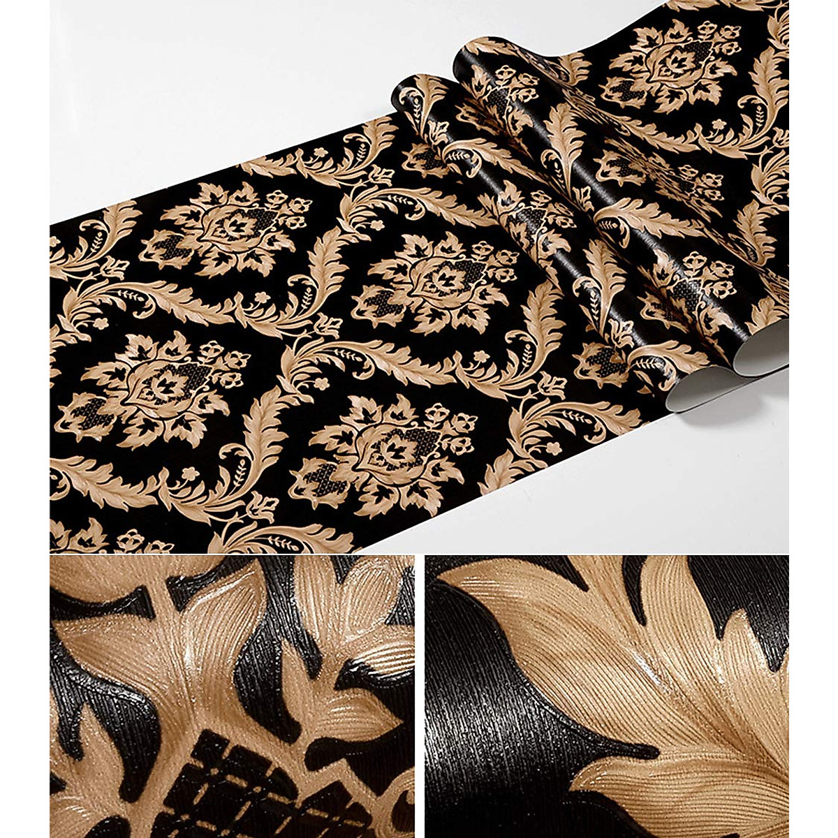 Q QIHANG European Style Gold - Flecked Process Damask PVC Wallpaper Black Colors 0.53m(1.73') x 10m(32.8')=5.3㎡(57sq.ft)