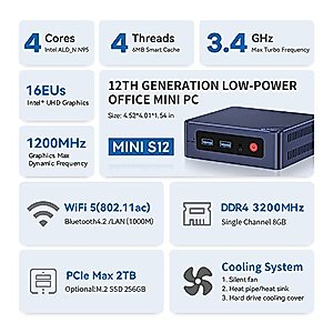 Beelink Mini PC, Mini S12 Mini Computer 12th Gen Quad-Core N95, Desktop Computers 8G DDR4 RAM 256G SSD, Small PC 4K UHD Dual HDMI, 2.4G+5G WiFi Gigabit Ethernet/BT4.0 for Office/Home/HTPC/Family-NAS
