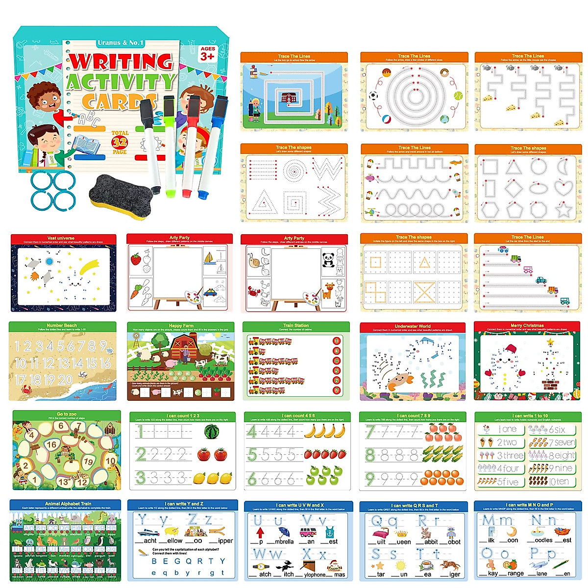 Preschool Learning Activities Educational Games, Busy Book-Learn Alphabet Number Line Tracing Drawing with 16 Activity Mats 4 Markers Montessori Toys For Toddlers Homeschool Supply Ideal Gift For Kids