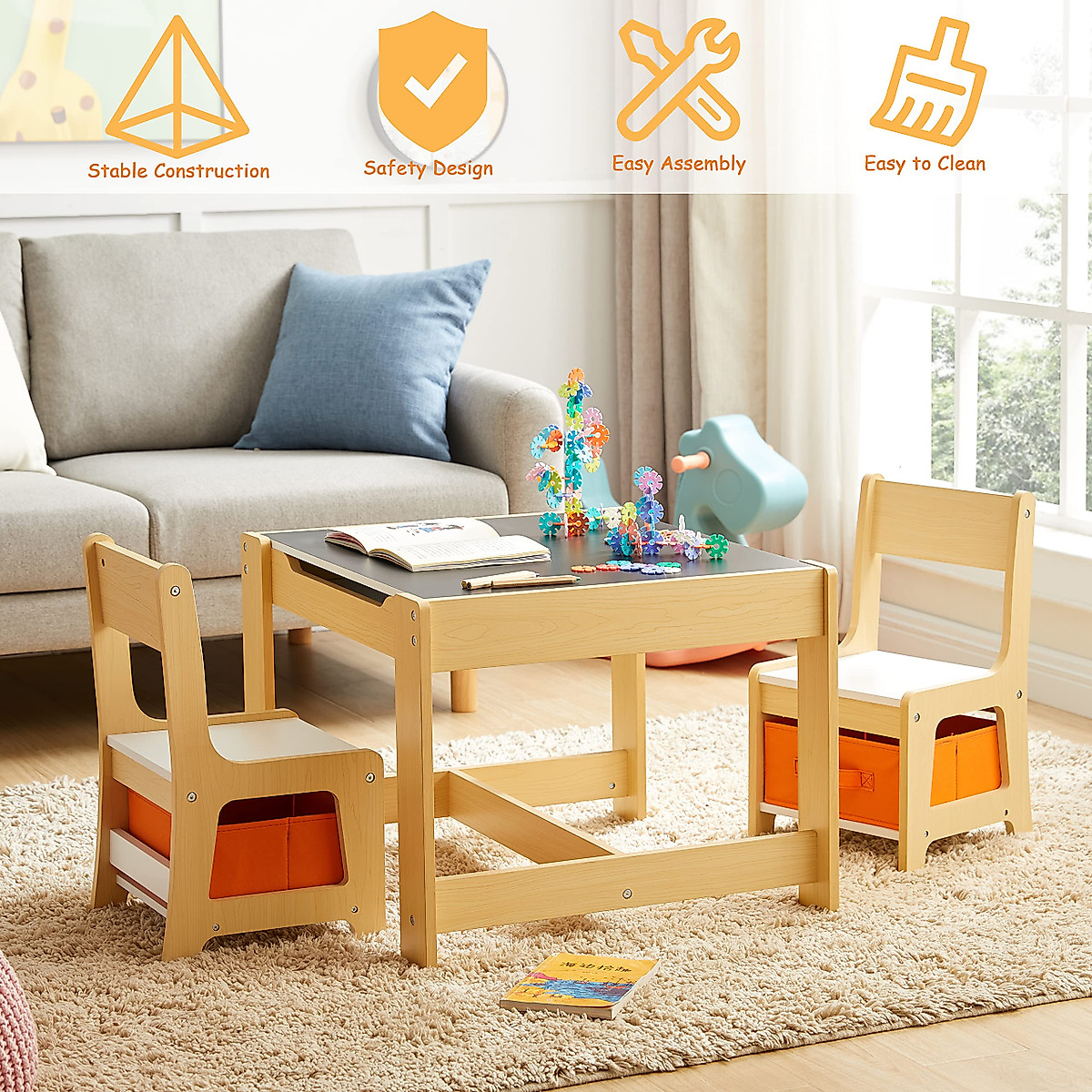 Kids Table and Chair Set, 3 in 1 Wooden Activity Table with Storage Drawer for Toddlers Drawing, Reading, Crafts, Play, 2 in 1 Detachable Tabletop Table and Chair Set for Home, Nursery, Playroom