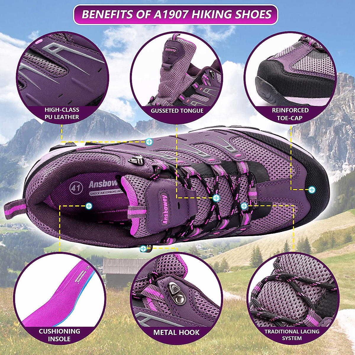Ansbowey Womens Hiking Shoes Waterproof Lightweight Trekking Camping Boots Outdoor Non-Slip Walking Sport Shoes Purple US 7.5 Men/ 9.5 Women