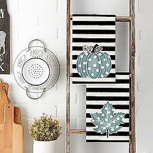 Artoid Mode Blue Polka Dot Stripes Maple Leaves Fall Kitchen Towels Dish Towels, 18x26 Inch Seasonal Hello Pumpkin Decoration Hand Towels Set of 3