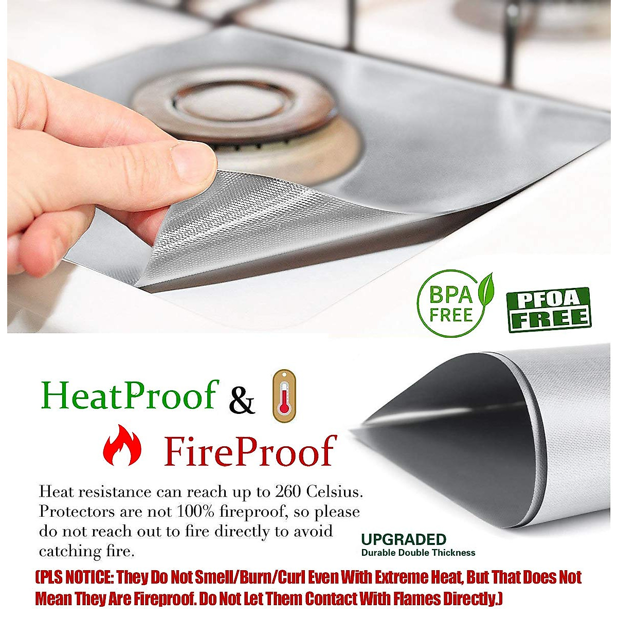 Stove Burner Covers,0.3 MM Double Thickness,8 Pack,Gas Stove Burner Liners,Non-stick Reusable Gas Range Stove Top Covers for Kitchen,Cuttable,Easy to Clean,Silver,Size 10.6” x 10.6”