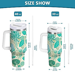 Vacuum Insulated Tumbler 30 Oz with Handle and Straw Lid, Retro Teal Floral