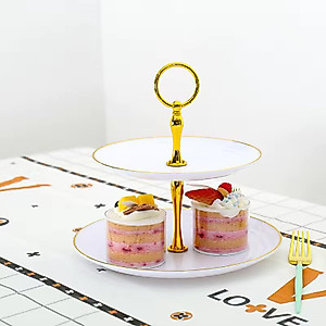 3 Tier Cupcake Stand, Plastic Tiered Serving Stand, Dessert Tower Tray for Tea Party, Baby Shower and Wedding, 2 Pack, White & Gold