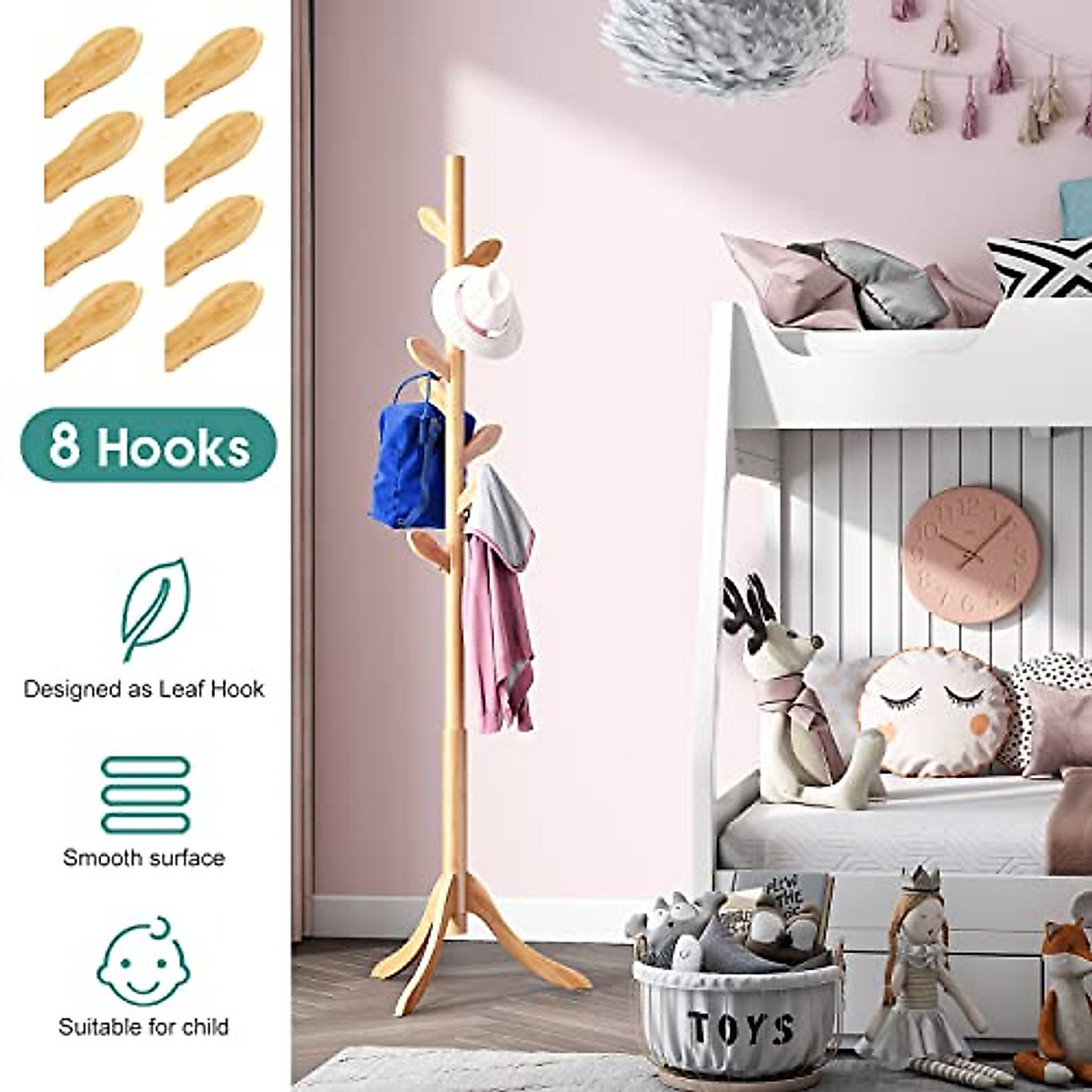 viewcare Coat Rack Free Standing, Adjustable Coat Tree with 8 Hooks, Bamboo Coat Stand for Entryway, Hallway, Corner, Bedroom & Office, Sturdy Coat Rack for Coats, Hats, Scarves, and Handbags