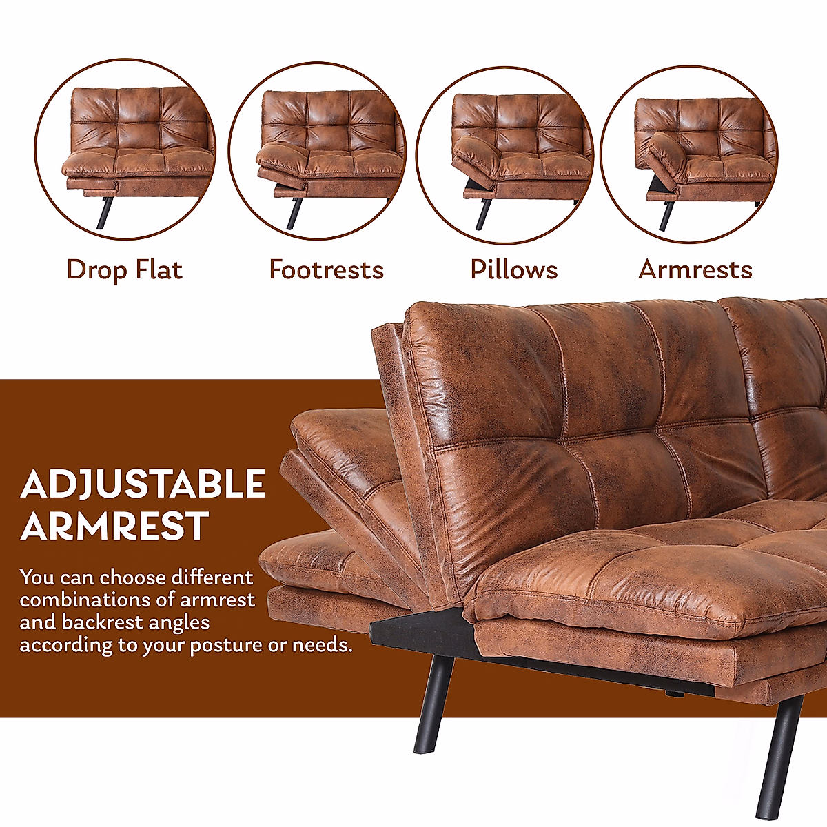 CH CHARME HOUSE Bed Convertible futon Couch with Adjustable Backrest, Modern Sleeper Sofa for Office Living Bedroom and Sitting Room, Brown