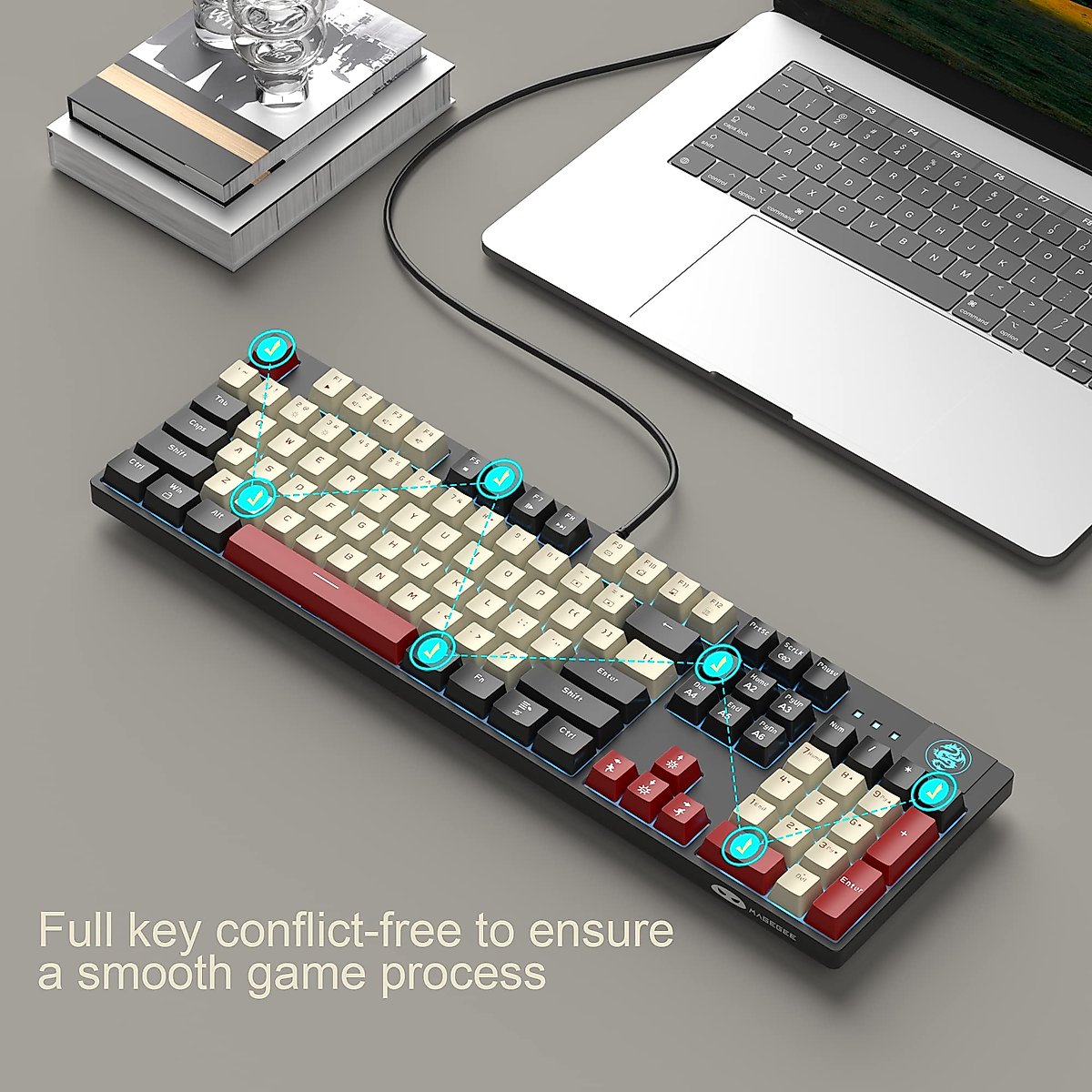 MageGee Mechanical Gaming Keyboard MK-Armor LED Blue Backlit and Wired USB 104 Keys Keyboard with Red Switches, for Windows PC Laptop Game(Black&White)…