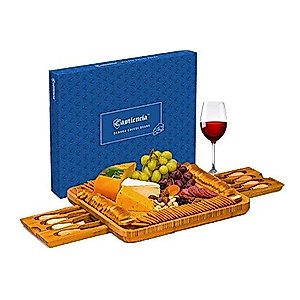 Extra Large Bamboo Cheese Board and Knife Set - Natural Charcuterie Serving Platter for Crackers, Meat, and Wine. Double Drawer with 8 Knives. Anniversary, Wedding, Birthday Gifts