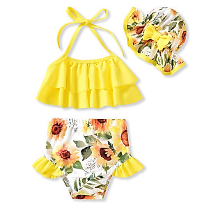 Infant Baby Girls Swimsuit Floral Bikini Sunflower Two Pieces Bathing Suit Swimwear Summer Beach Wear Set Yellow 0-6 Months