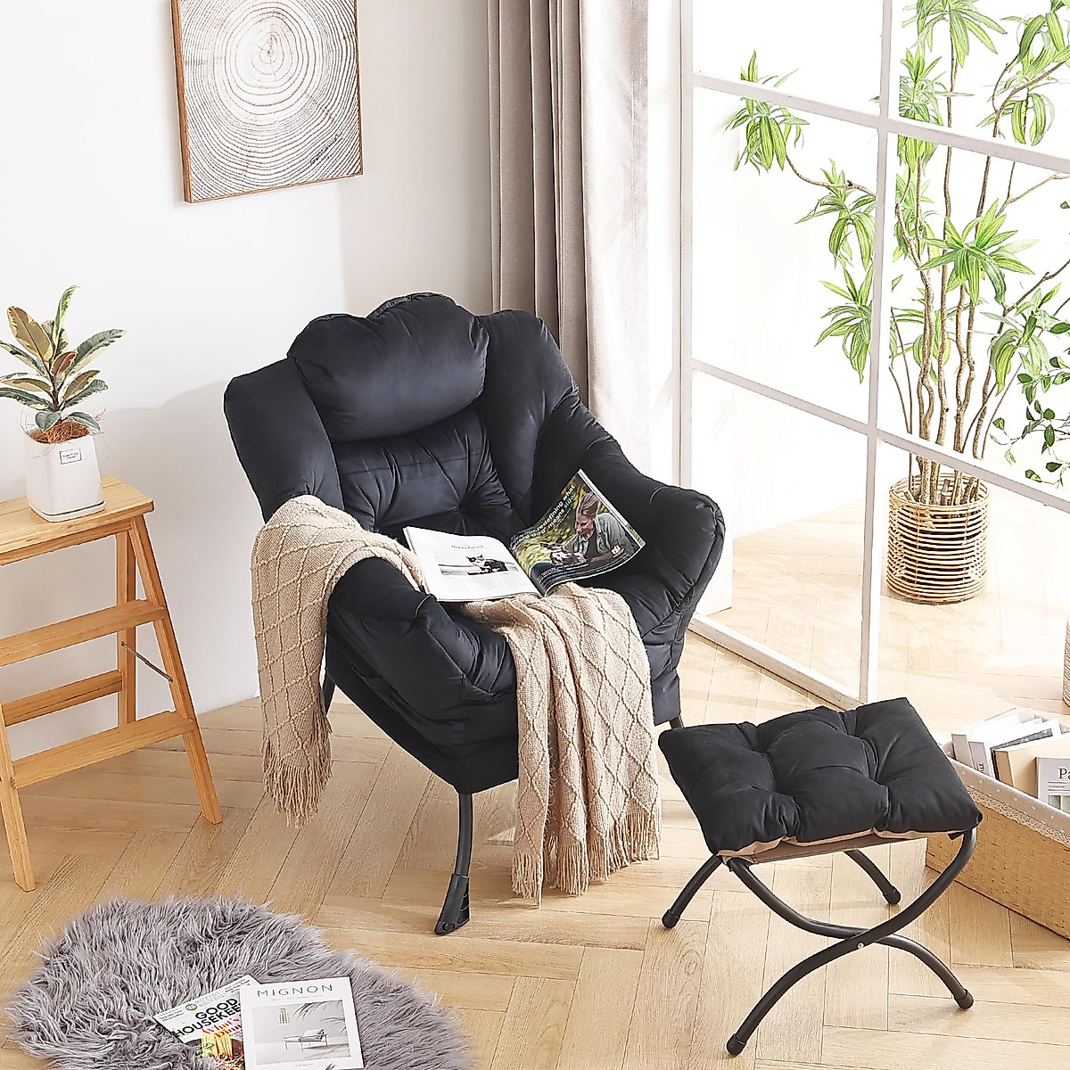 LITA Lazy Chair with Ottoman, Modern Accent Leisure Upholstered Sofa Chair, Contemporary Lounge Reading Chair with Armrests and a Side Pocket for Living Room, Bedroom & Small Space, Black