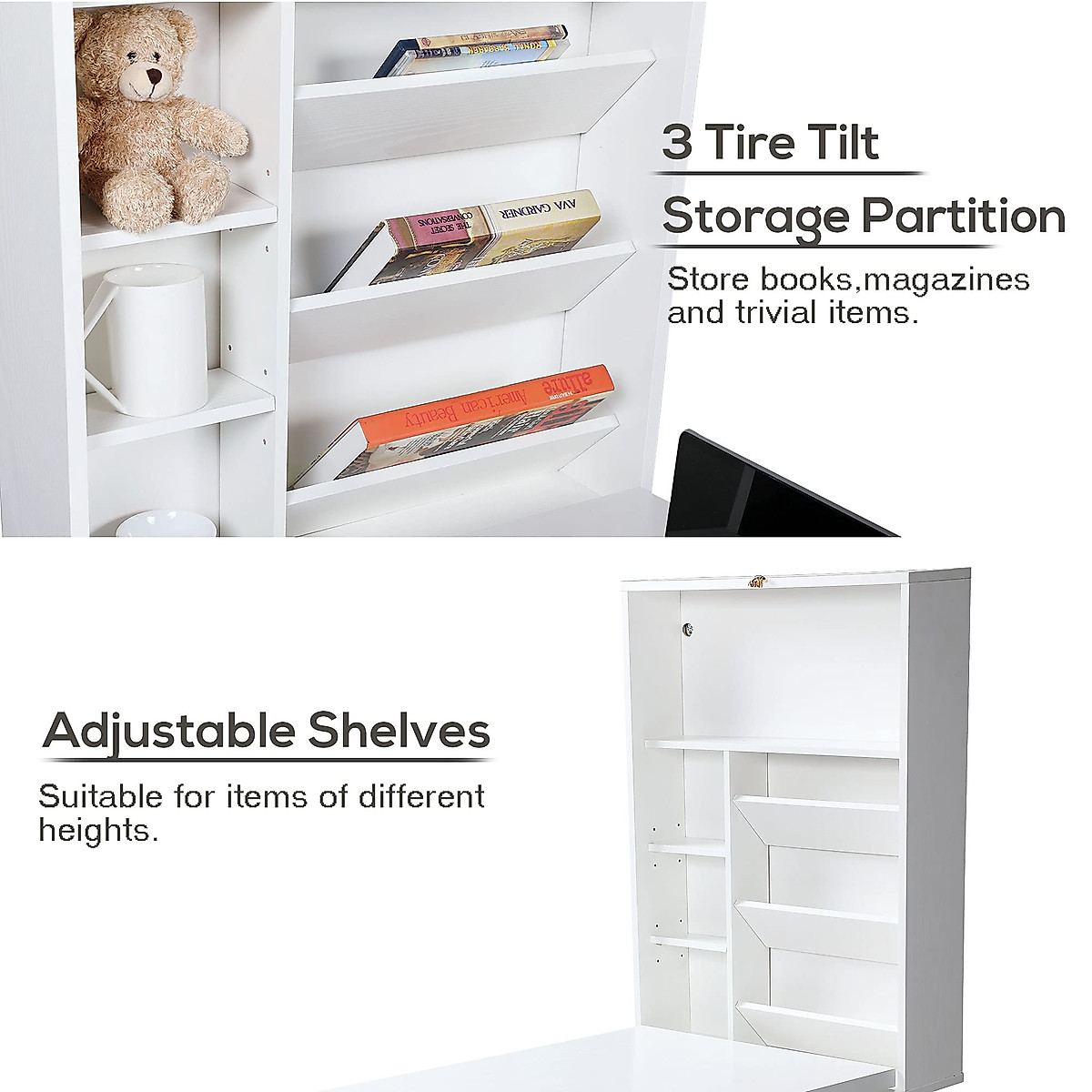 JAXPETY Wall Mounted Space Saving Desk Fold Out Convertible Desk Wood Floating Writing Desk with Storage Shelves Laptop Tabletop for Home Office, White