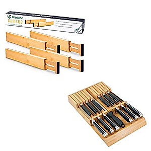 Utoplike 4 Pack Large Bamboo Kitchen Drawer Dividers and Bamboo Kitchen 12 Knife Drawer Organizer