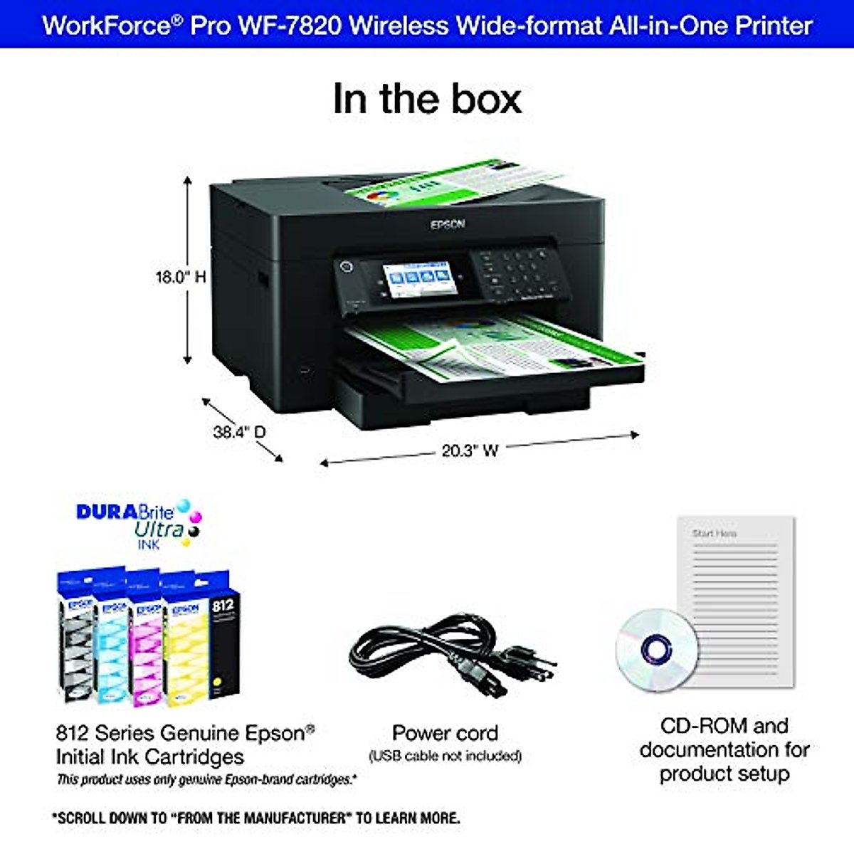 Epson WorkForce Pro WF-7820 Wireless All-in-One Wide-format Printer with Auto 2-sided Print up to 13" x 19", Copy, Scan and Fax, 50-page ADF, 250-sheet Paper Capacity, 4.3" screen, Works with Alexa