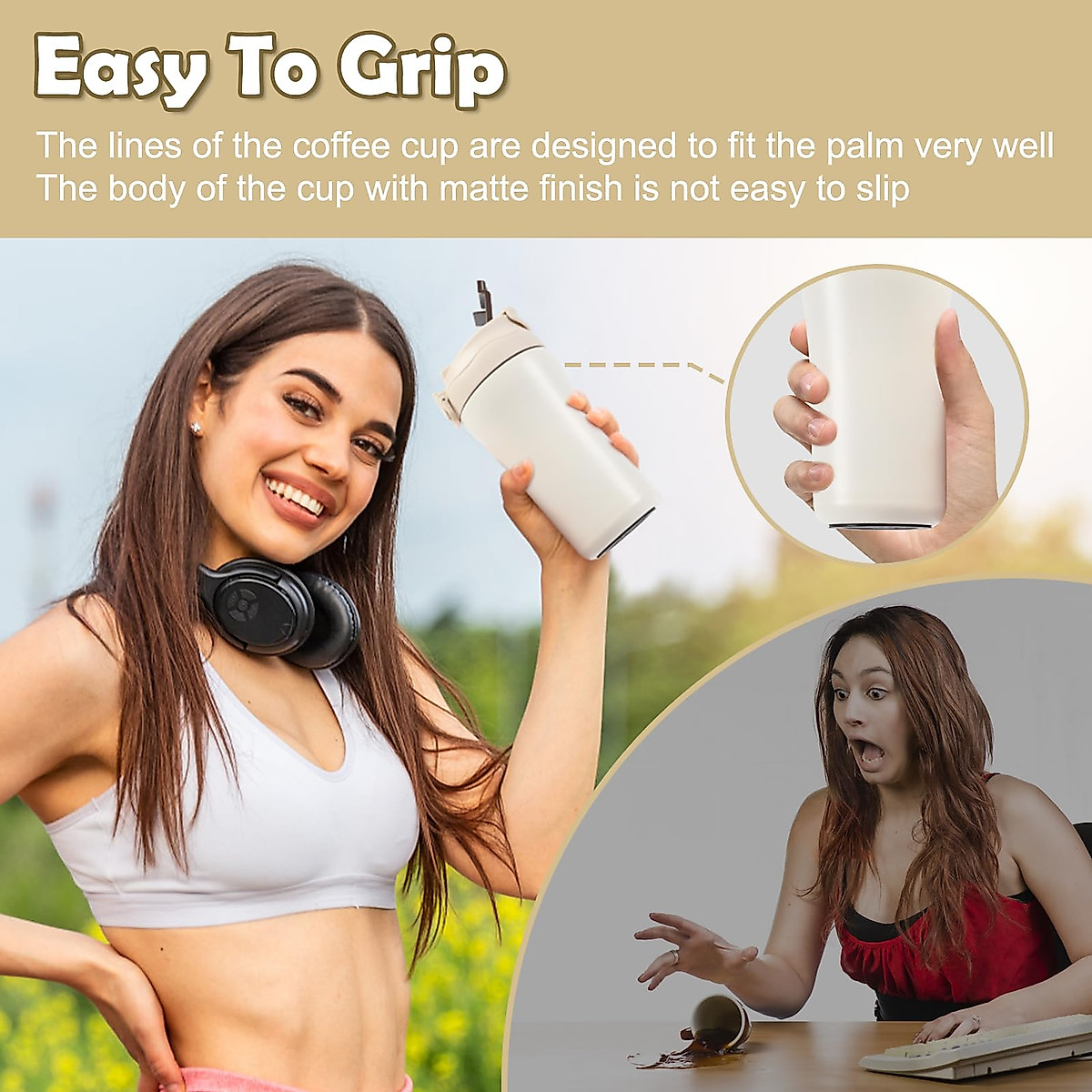 14 oz Travel Coffee Mug, 2 Pack Vacuum Insulated Coffee Travel Mug Spill Proof with Lid and Straw, Reusable Coffee Tumbler for Keep Hot/Ice Coffee,Tea and Beer, Car Thermos Cup Gift for Christmas