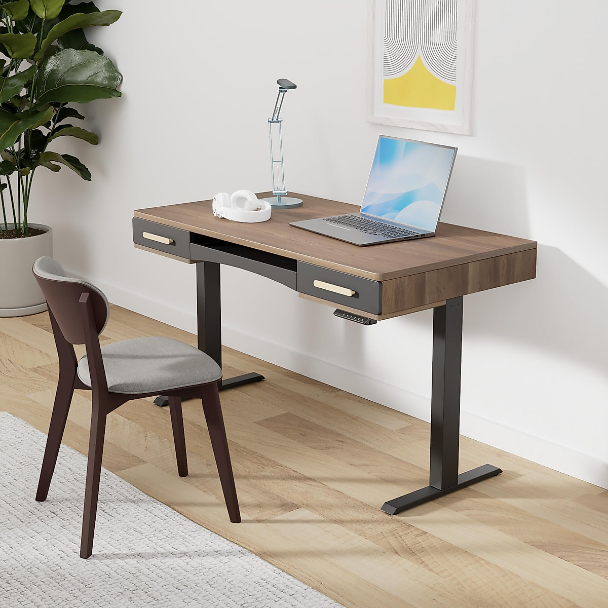 FEZIBO 48" x 26" Mid-Century Modern Electric Standing Desk with 2 Drawers & 1 Keyboard Tray, Whole-Piece Stand Up Home Office Desks, Vintage Top/Black Frame (2 Packages)