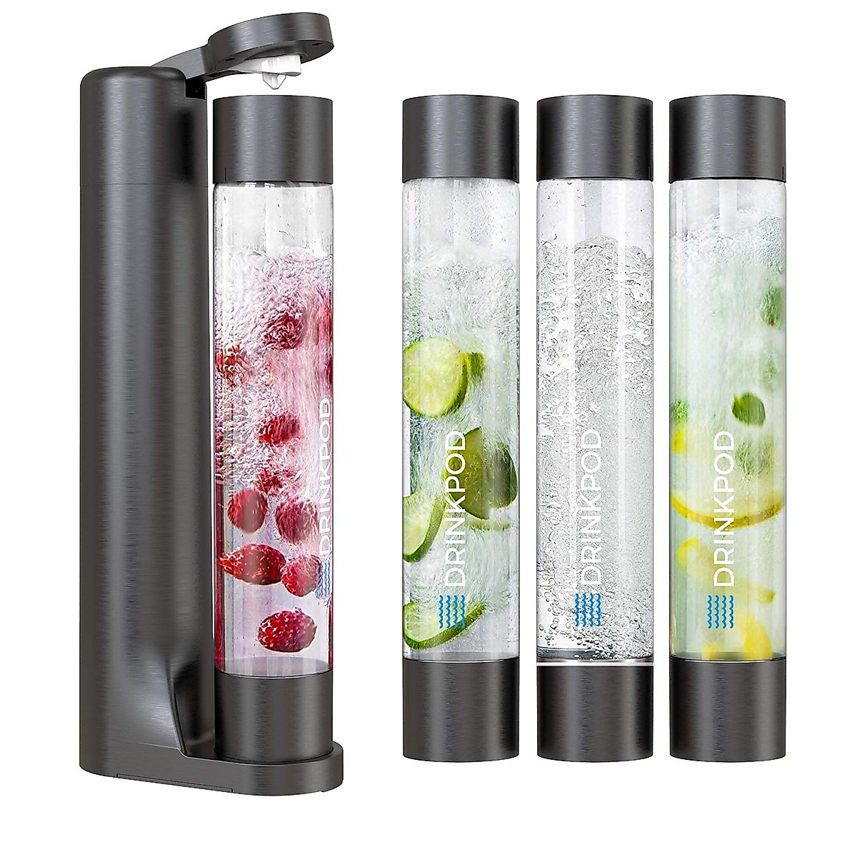 Fizzpod Sparkling Water Maker Soda Maker Infused Fruits Soda Maker Machine for Carbonating with 1L Carbonating Bottle, Seltzer Fizzy Water Maker, Includes 3 x 1l Carbonating Bottle Compatible with 60L