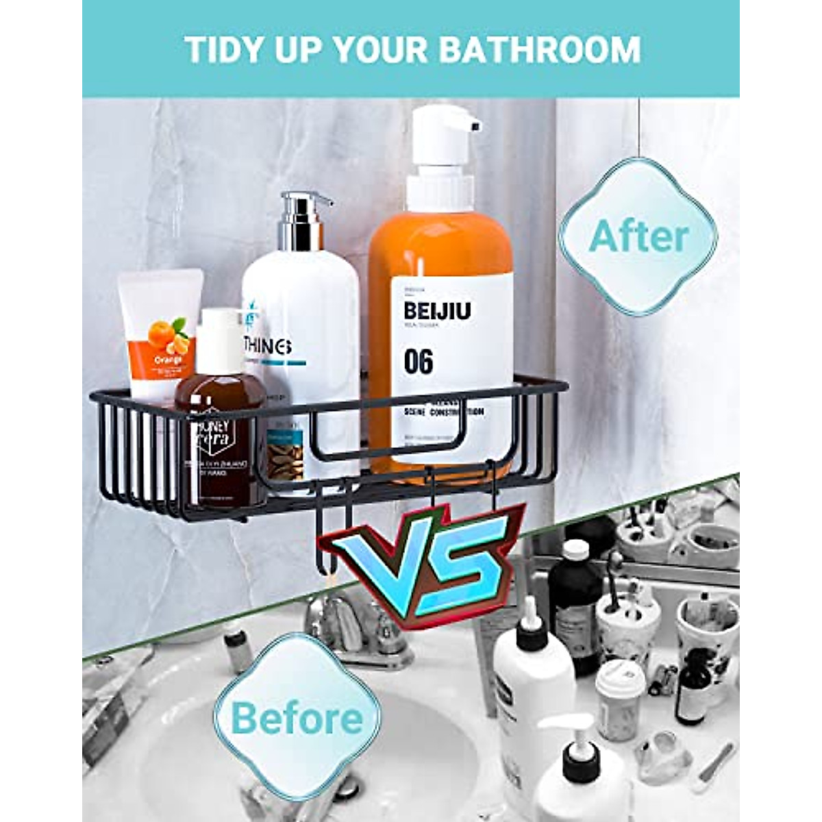Shower Caddy Bathroom Shelves Organizer - Stainless Steel Shower Shelf Adhesive Kitchen Storage Rack with Soap Dish Razor and Towel Hooks (Black)