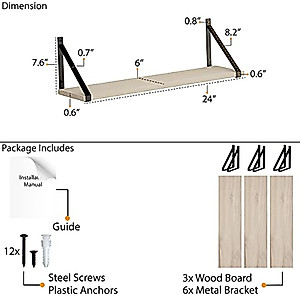 Wallniture Bora Floating Shelves for Wall Storage, 24"x6" Floating Bookshelf Set of 3, Natural Wood Wall Shelves for Living Room, Bedroom, Bathroom, Kitchen