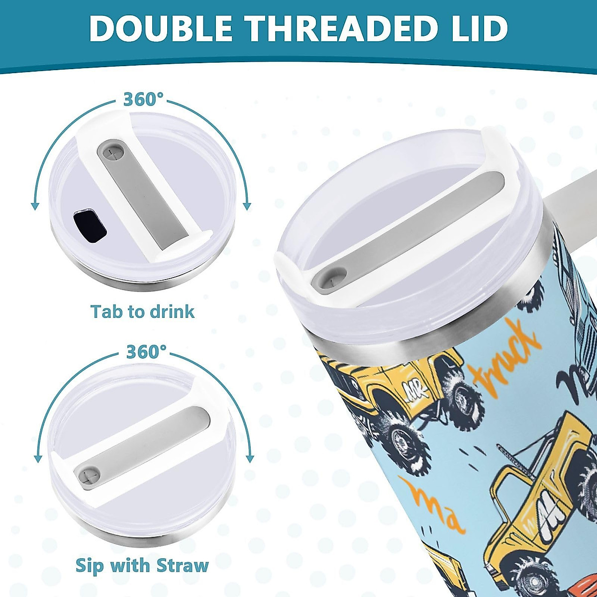 ODAWA Colorful Monster Trucks Travel Mug with Handle Tumbler Cup Reusable Stainless Steel Water Bottle