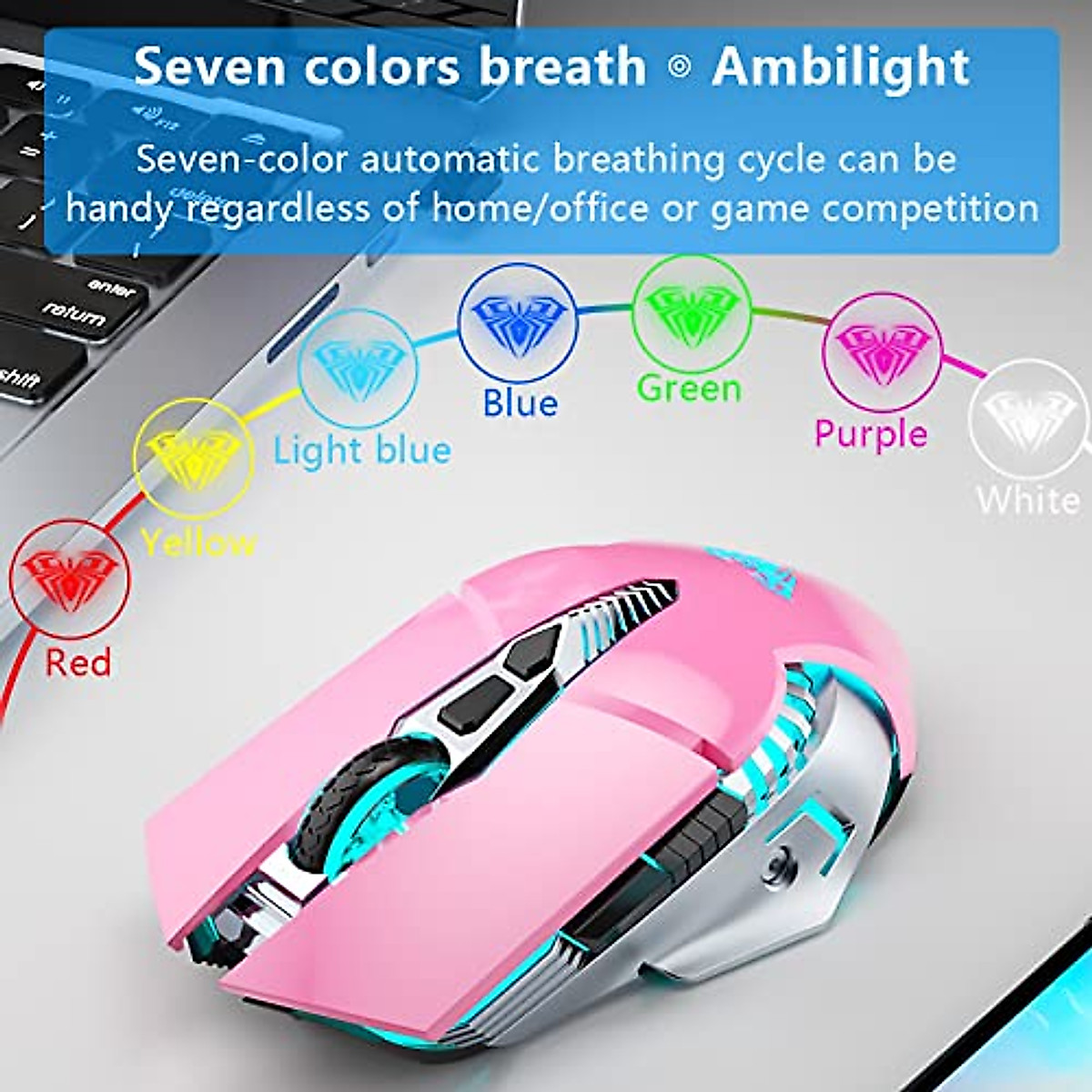 Pink Wireless Mouse, Rechargeable Bluetooth Gaming Mouse Multi Device (3-Mode:BT 5.0/3.0+2.4Ghz) with Side Buttons, RGB LED Backlit, USB Cordless Computer Mice for Laptop/PC/MacBook Pro/iPad (Pink)