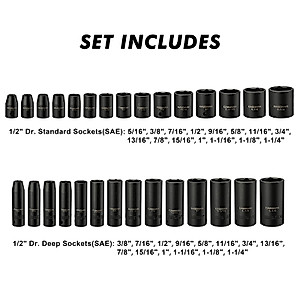 CASOMAN 1/2-inch 70 Pieces Impact Socket Master Set, SAE & Metric from 5/16"-1-1/4",8-24mm, Shallow/Deep Socket with Ratched Hand, Extension Bar and Adapters
