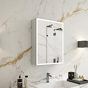 Elephmirr Vanity Mirror Bathroom Storage Medicine Cabinet with Lights Anti Fog,20x26 Inch,Recessed Smart led Small Mirrors Wall Metal Magnifier﹐with Left Doors Eectrical Outlet USB,Surface Mount