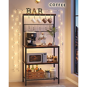 VASAGLE Bakers Rack, Coffee Bar, Kitchen Storage Shelf Rack with 10 Hooks, 3 Shelves, Adjustable Feet, for Microwave Oven, 15.7 x 33.1 x 66.9 Inches, Industrial, Rustic Brown and Black UKKS17BX