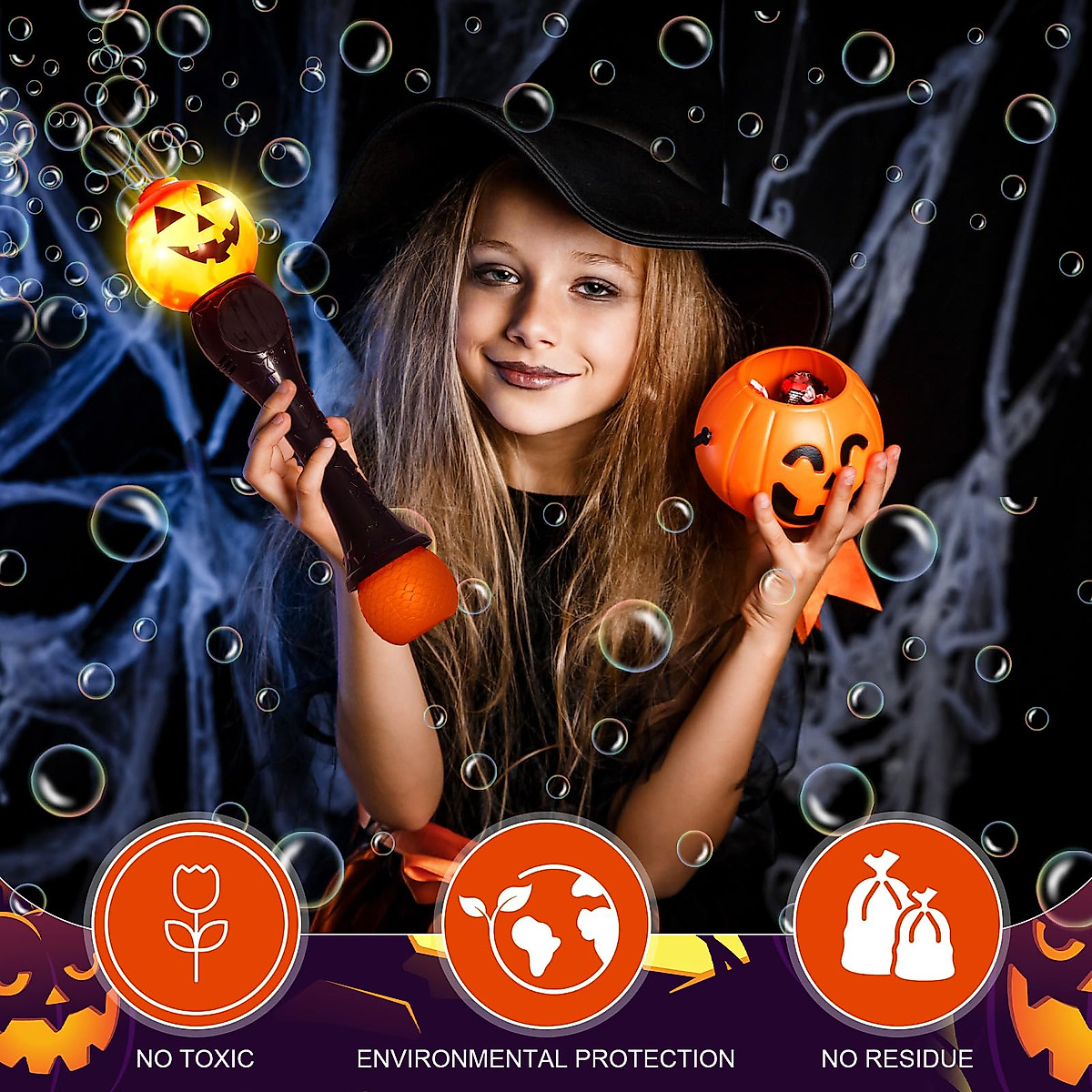 Poen 4 Set Graduation Bubble Wand Light up Pumpkin Bubble Blower Wand Illuminating Bubble Blower Wand Flashing LED Wand with Thrilling LED and Sound Effect Halloween Party Favors Gift Halloween