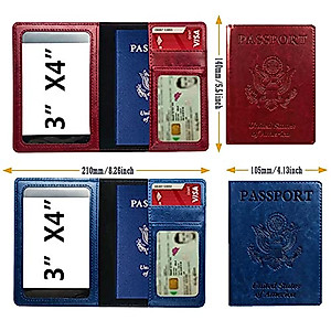 Redify 2 Pack Passport and Vaccine Card Holder Combo - PU Leather Passport Holder with Vaccine Card Slot, Travel Passport Wallet for Women and Men, Family Passport Cover Case (Blue, Wine Red)