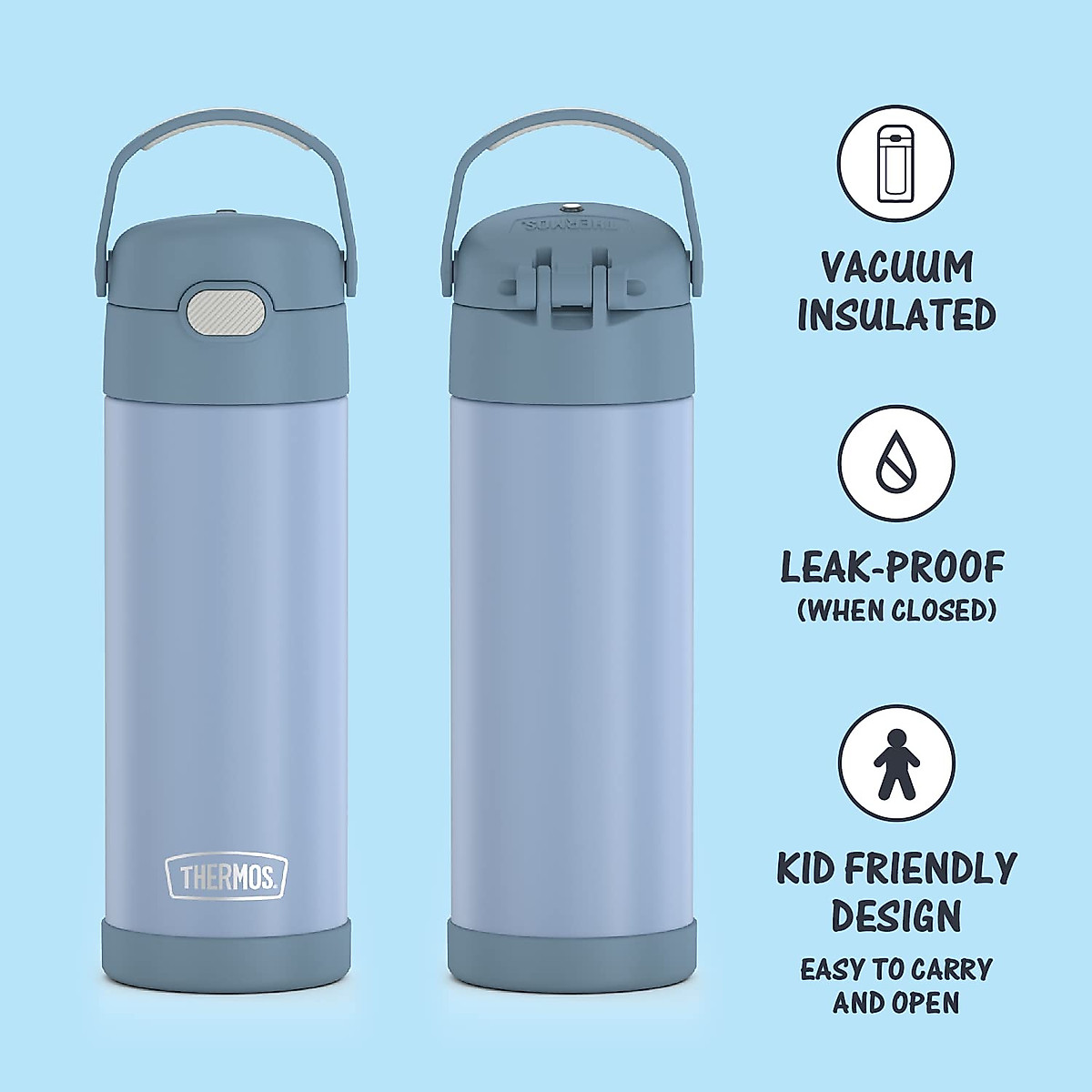 THERMOS FUNTAINER 16 Ounce Stainless Steel Vacuum Insulated Bottle with Wide Spout Lid, Denim Blue