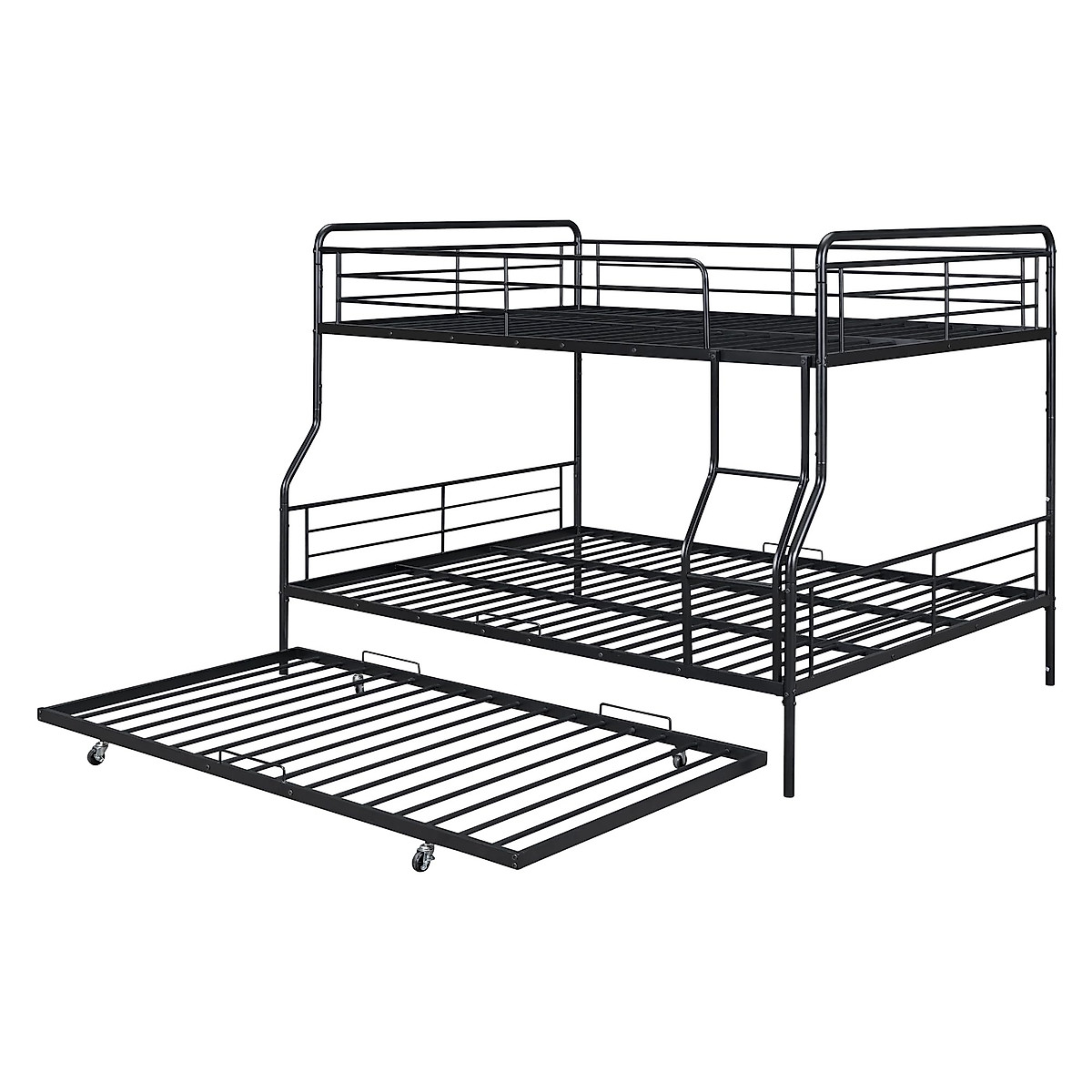 Full XL Over Queen Bunk Bed for Kids, Heavy Duty Bunk Bed Full Over Queen with Twin Size Trundle, Ladder and Safety Guardrail for Boys Girls, Easy Assemble (Black)