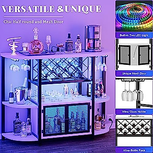 Unikito Bar Table with Double LED Lights and Power Outlet, Freestanding Wine Rack Table with Glass Holder, Home Mini Bar with Storage, Bar Cabinet for Liquor and Glasses for Kitchen Dining Room, White