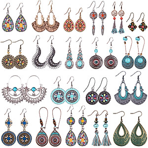 Duufin 20 Pairs Bohemian Vintage Drop Dangle Earrings Boho Earrings Set Statement Earrings National Style Alloy Long Boho Dangle Earrings for Women