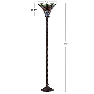 JONATHAN Y JYL8002B Dragonfly Tiffany-Style 71&quot; Torchiere Floor Lamp, Tiffany, Traditional, Art Nouveau Style, Elegant, Office, Living Room, Family Room, Dining Room, Bedroom, Foyer, Bronze/Green