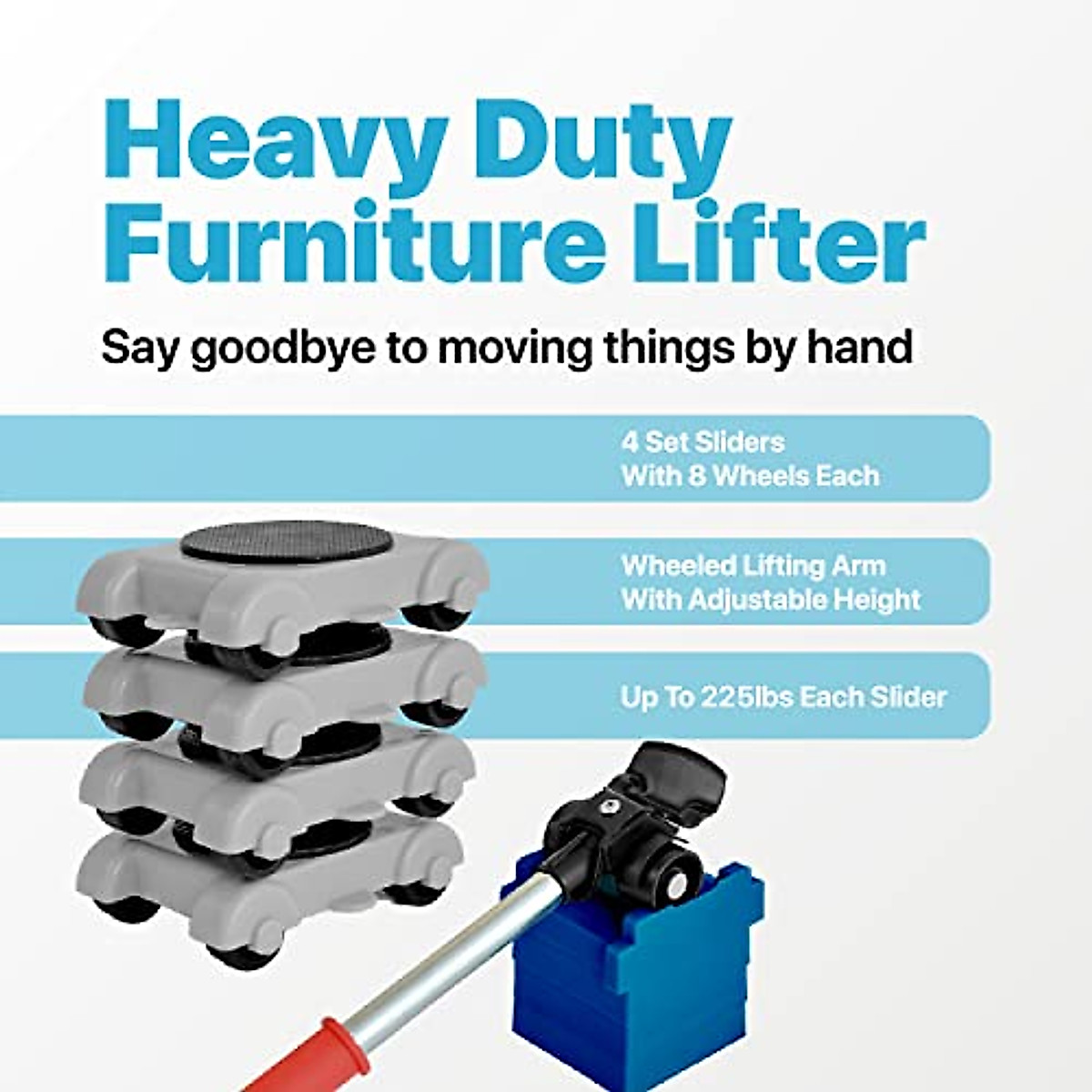 Heavy Duty Furniture Lifter - 4 Set Sliders with 8 Wheel Each for Easy Moving - Load Capacity up to 900lbs - Appliance Mover Dolly with Adjustable Height