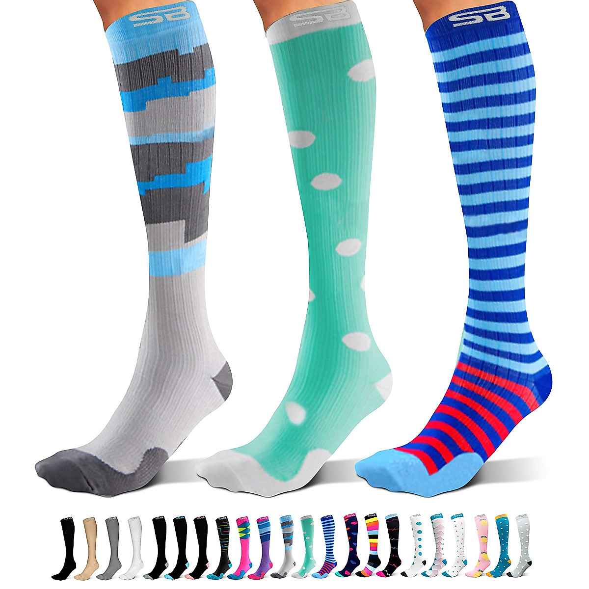 SB SOX 3-Pair Compression Socks (15-20mmHg) for Men & Women – Best Socks for All Day Wear! (S/M, 07 – Multi-color)
