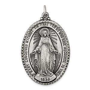Solid 925 Sterling Silver Vintage Antiqued Virgin Mary Pray for Us Charm Miracle Medal Mary Pendant Charm Medal - 43mm x 26mm