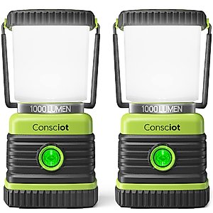 LED Camping Lantern, Consciot Battery Powered Camping Lights, 1000LM, 4 Light Modes, IPX4 Waterproof Tent Lights, Portable Flashlight for Power Outages, Emergency, Hurricane, Hiking, 2-Pack