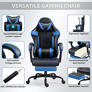 Darkecho Massage Gaming Chair with footrest,Computer Chair with Flat Seat Cushion,Height Adjustable Gamer Chair with Padded Armrests,Headrest and Lumbar Support for Office or Gaming Blue