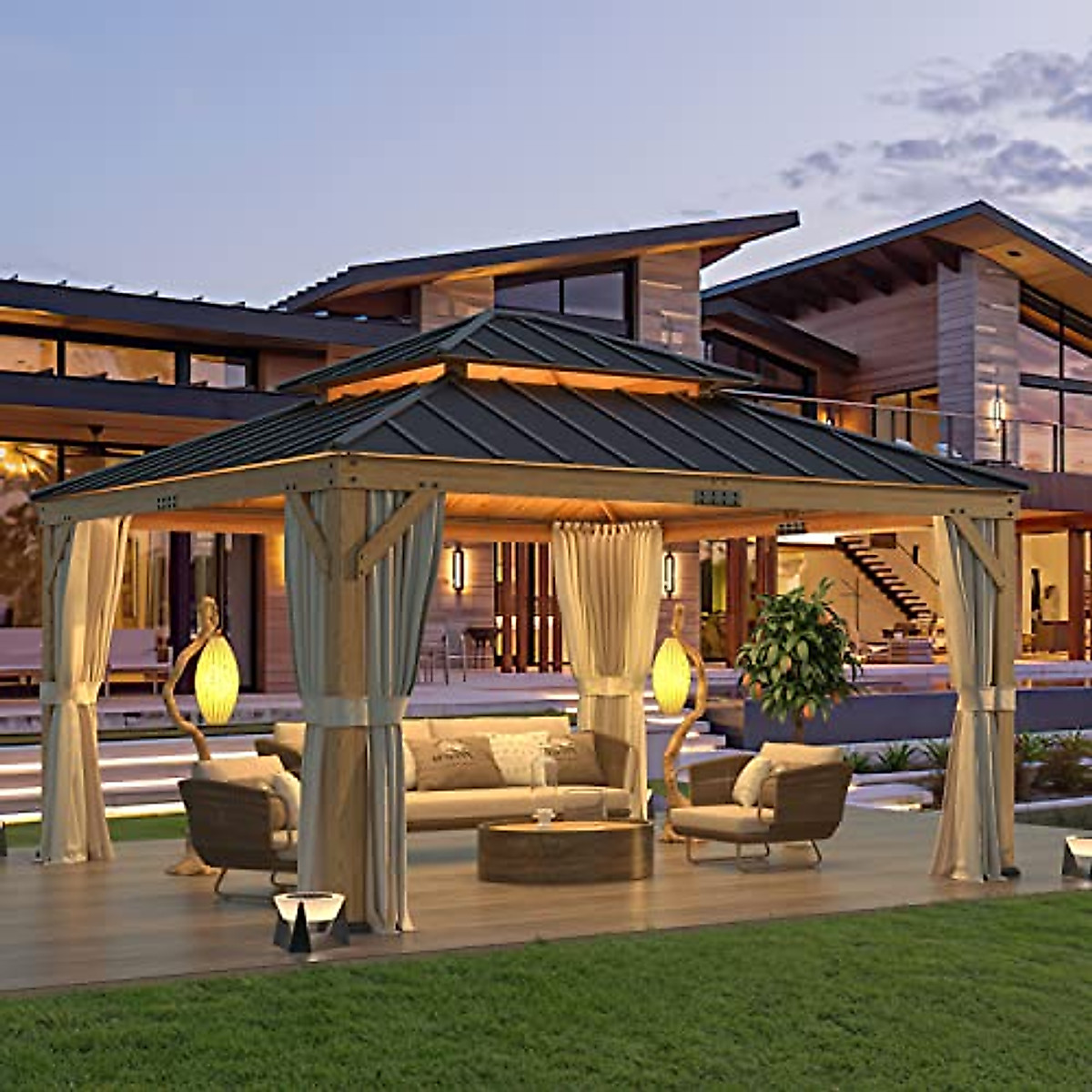 MELLCOM 13' x 15' Asphalt Hardtop Gazebo, Spruce Wood Double Roof Gazebo with Curtains and Meshes, Canopy Gazebo with Waterproof Coated Wood Frame for Patios, Gardens, Lawns, and Backyards