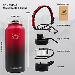 NATURE PIONEOR Insulated Water Bottles with Paracord Handle - 32 oz Vacuum Sports Wide Mouth Water Bottle with 3 Lids, Leak Proof Stainless Steel Keeps Hot and Cold