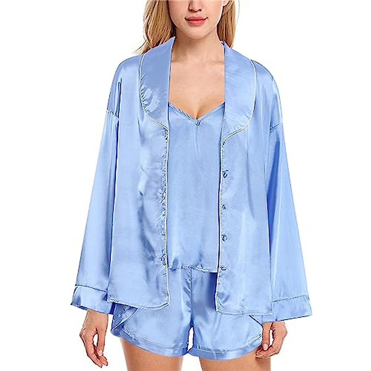 Womens Pajama Sets Silk Satin 3 Piece Sleepwear Cami Shorts and Long Sleeve Top Set Soft Comfy Loungewear, 3-blue-imitation Silk-3pcs