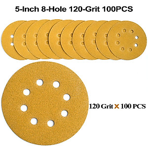 Aiyard 5-Inch 8-Hole Hook and Loop Sanding Discs 120-Grit Random Orbit Sandpaper, 100-Pack