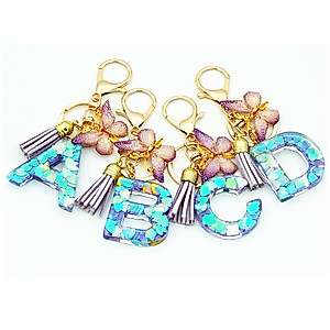 TTYY Initial Letter Keychains for Girls Women Pink Purple Green Cute Butterfly Heart Keychain for Backpack School Bag (purple heart Letter D)